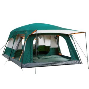 ktt extra large tent 12 person,family cabin tents,2 rooms,3 doors and 3 windows with mesh,straight wall,waterproof,double layer,big tent for outdoor,picnic,camping,family gathering(green)