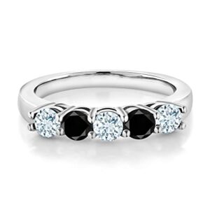 gem stone king 925 sterling silver sky blue aquamarine and black diamond 5-stone wedding anniversary band ring for women (0.85 cttw, gemstone march birthstone, available in size 5, 6, 7, 8, 9)