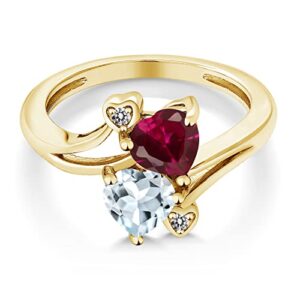 Gem Stone King 1.67 Ct Heart Shape Red Created Ruby Sky Blue Aquamarine 10K Yellow Gold Diamond Accent Ring (Size 7)