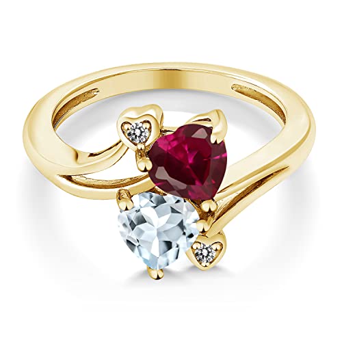 Gem Stone King 1.67 Ct Heart Shape Red Created Ruby Sky Blue Aquamarine 10K Yellow Gold Diamond Accent Ring (Size 7)