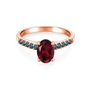 Gem Stone King 2.33 Ct Oval Red Rhodolite Garnet Blue Diamond 10K Rose Gold Ring (Size 8)