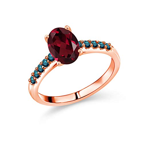 Gem Stone King 2.33 Ct Oval Red Rhodolite Garnet Blue Diamond 10K Rose Gold Ring (Size 8)