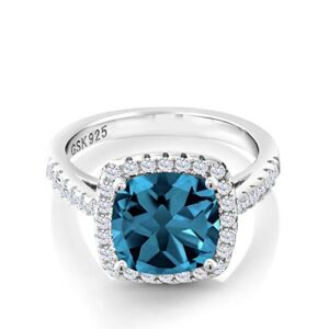 gem stone king 925 sterling silver london blue topaz and white created sapphire engagement ring for women (3.30 cttw, 8mm cushion cut, gemstone birthstone, available in size 5, 6, 7, 8, 9)