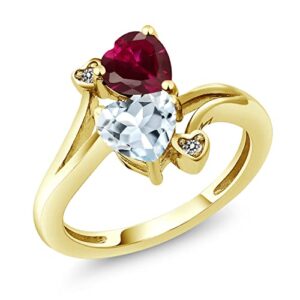 gem stone king 1.67 ct heart shape red created ruby sky blue aquamarine 10k yellow gold diamond accent ring (size 7)