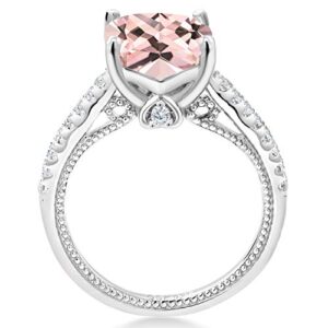 Gem Stone King 925 Sterling Silver Peach Simulated Morganite and White Created Sapphire Engagement Ring For Women (4.59 Cttw, Available in size 5, 6, 7, 8, 9)