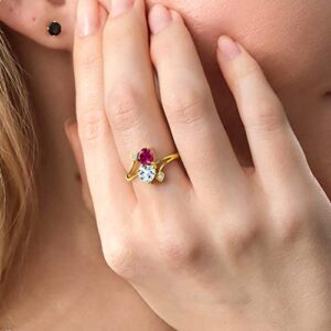 Gem Stone King 1.67 Ct Heart Shape Red Created Ruby Sky Blue Aquamarine 10K Yellow Gold Diamond Accent Ring (Size 7)