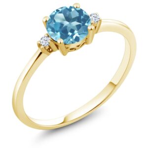 gem stone king 10k yellow gold swiss blue topaz and white created sapphire solitaire engagement ring for women (0.93 cttw, round 6mm, gemstone november birthstone, size 8)