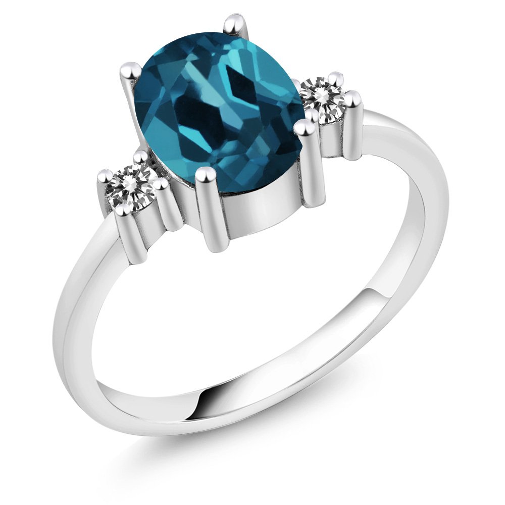 Gem Stone King 925 Sterling Silver Oval London Blue Topaz and White Diamond Ring For Women (1.93 Cttw, Gemstone Birthstone, Available In Size 5, 6, 7, 8, 9)