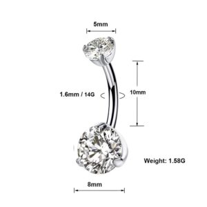 KaseStyle 14G G23 Titanium Belly Button Rings 10mm with Cubic Zirconia Internally Threaded Navel Rings Belly Bars (Prong Set-White)