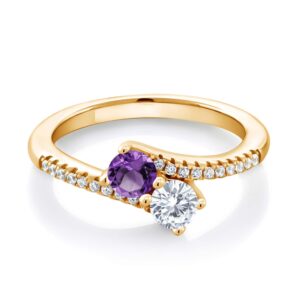 18k yellow gold plated silver amethyst white moissanite from charles & colvard and zirconia bypass ring for women (0.72 cttw, gemstone february birthstone, round 4mm, available in size 5, 6, 7, 8, 9)