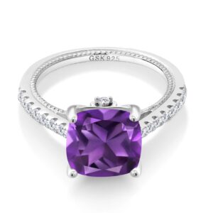 gem stone king 925 sterling silver cushion purple amethyst and white created sapphire engagement ring for women (3.27 cttw, available in size 5, 6, 7, 8, 9)