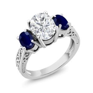 gem stone king 925 sterling silver white moissanite and blue sapphire 3-stone ring for women (3.21 cttw, available in size 5, 6, 7, 8, 9)