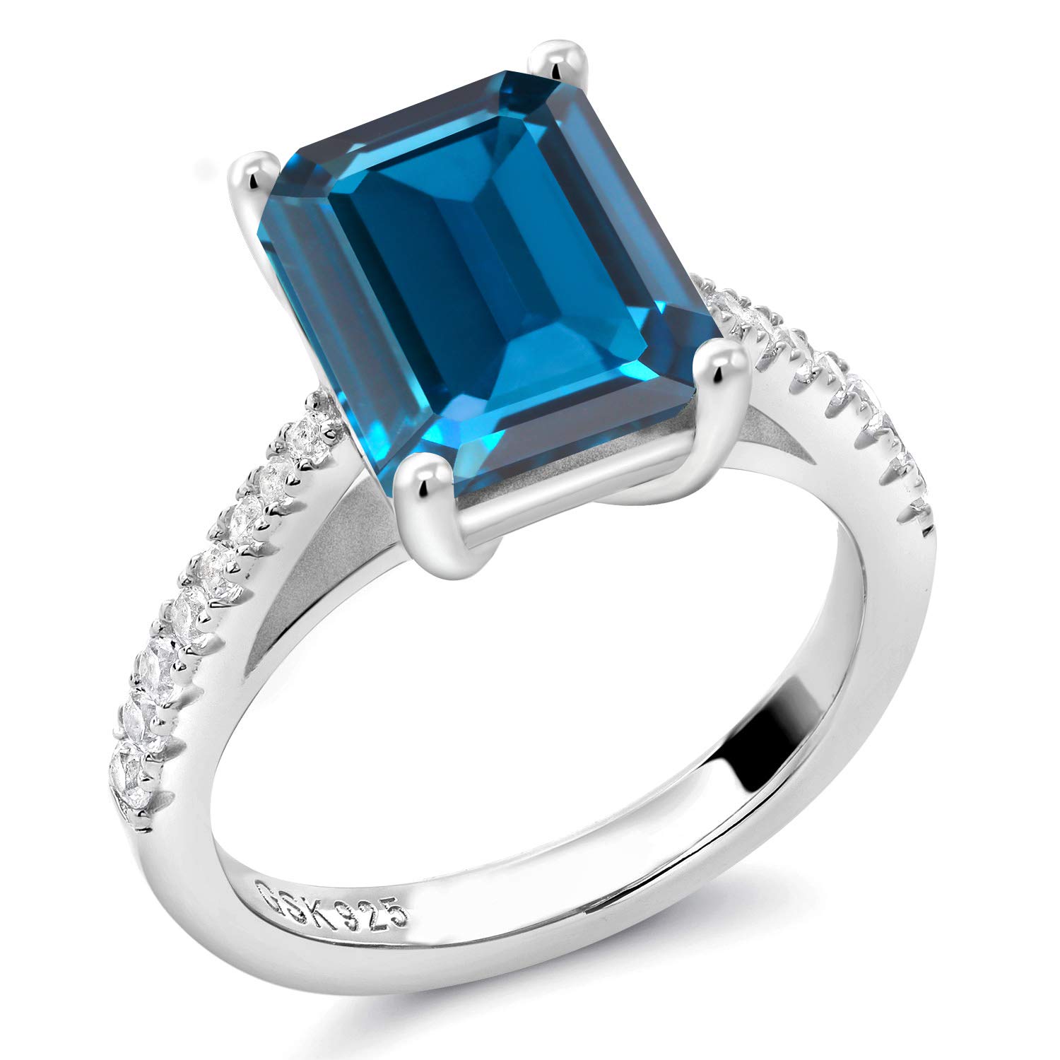 Gem Stone King London Blue Topaz and White Created Sapphire 925 Sterling Silver Women's Engagement Ring (4.26 Cttw, Gemstone Birthstone, 10X8MM Emerald Cut) (Size 9)