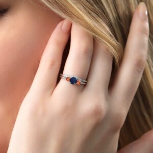 10K White Gold Blue Sapphire and Orange Sapphire and White Lab Grown Diamond 3-Stone Bridal Engagement Wedding Ring Set For Women (0.93 Cttw, Gemstone September Birthstone, Round 5MM, Size 8)