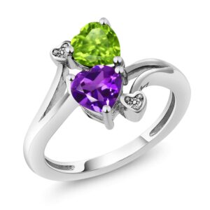 gem stone king 10k white gold heart shape purple amethyst green peridot and white diamond accent ring for women (1.51 cttw, gemstone birthstone, available in size 5, 6, 7, 8, 9)