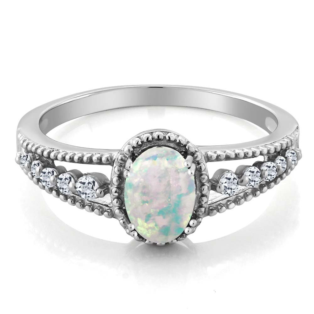 Gem Stone King 925 Sterling Silver White Simulated Opal and White Topaz Engagement Ring For Women (1.21 Cttw, Oval Cabochon 7X5MM, Available 5,6,7,8,9) (Size 7)