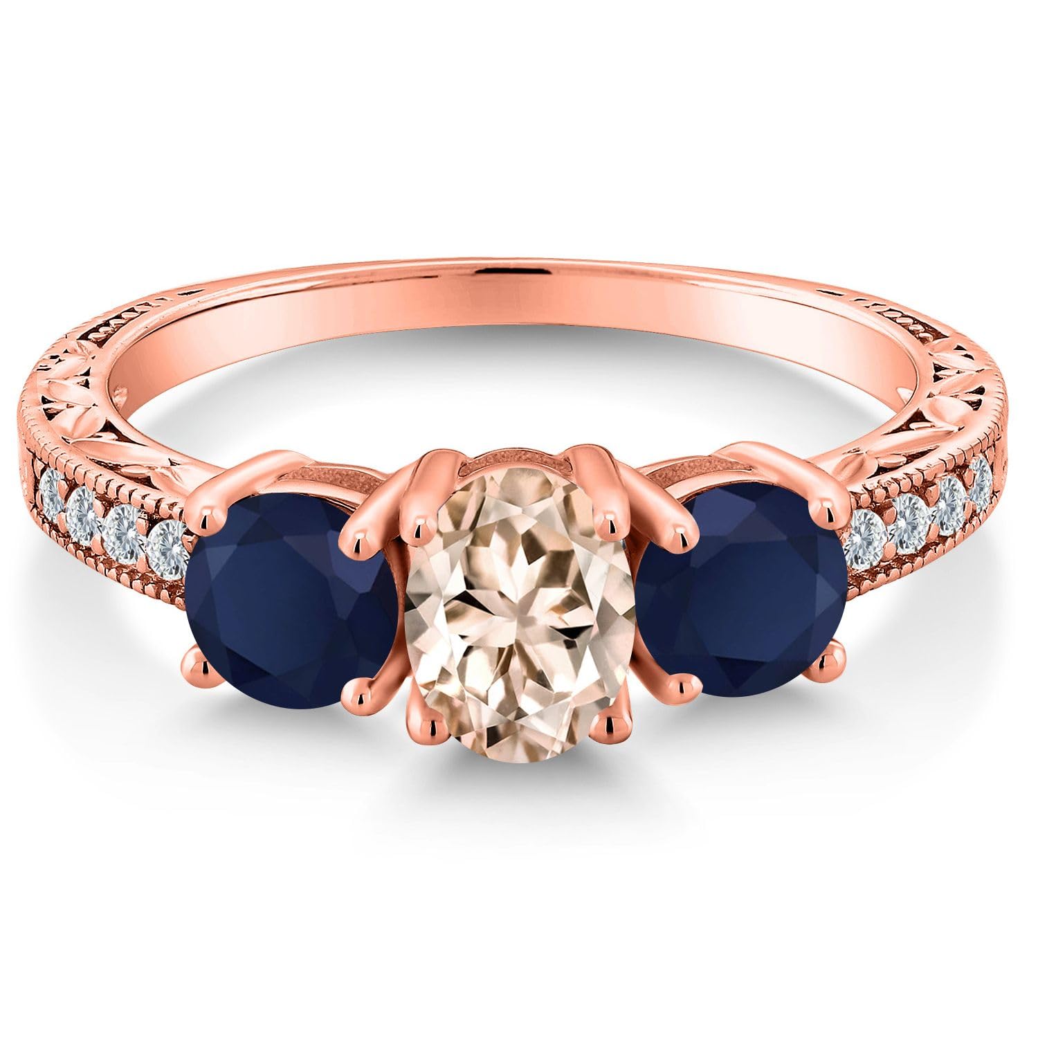 Gem Stone King 1.97 Ct Oval Peach Morganite Blue Sapphire 18K Rose Gold Plated Silver Ring (Size 6)