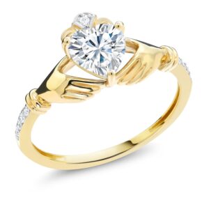 gem stone king 10k yellow gold heart shape white moissanite and white diamond solitaire irish celtic claddagh ring for women (0.86 cttw, available in size 5, 6, 7, 8, 9)