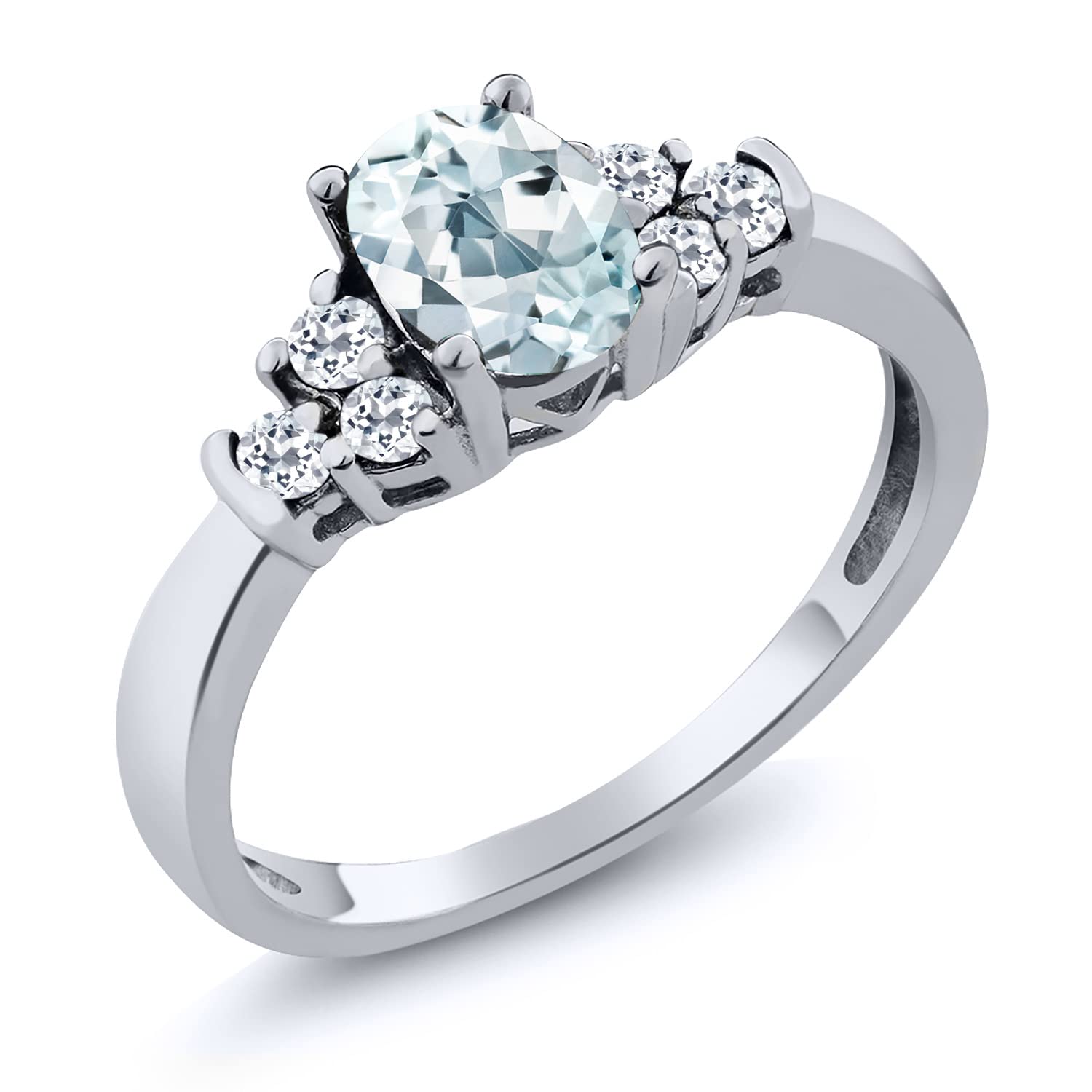 Gem Stone King 0.67 Ct Oval Sky Blue Aquamarine White Topaz 925 Sterling Silver Ring (Size 7)