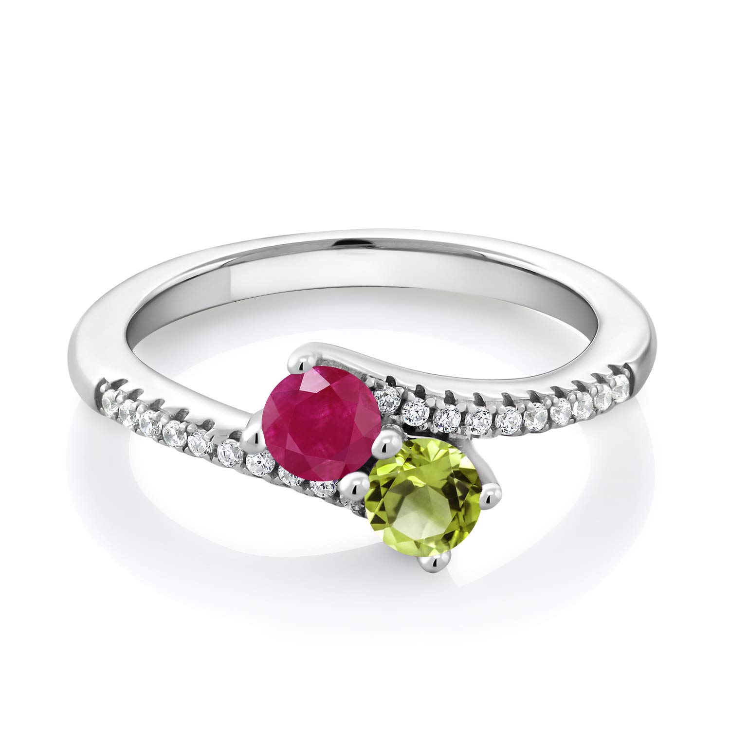 Gem Stone King 925 Sterling Silver Red Ruby and Green Peridot Bypass Ring For Women (0.89 Cttw, Gemstone July Birthstone, Round 4MM, Available In Size 5, 6, 7, 8, 9)