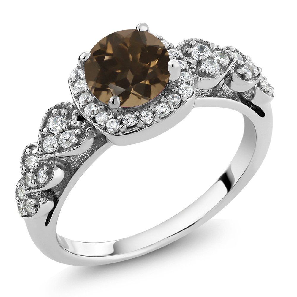 Gem Stone King 925 Sterling Silver Brown Smoky Quartz Women's Engagement Ring (1.12 Ct Round, Available 5,6,7,8,9) (Size 8)