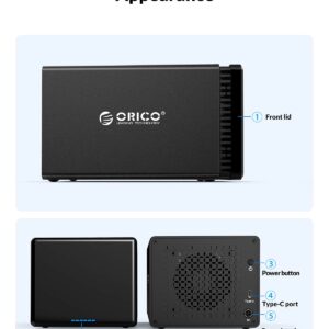 ORICO 5 Bay Raid Hard Drive Enclosure USB C Magnetic Aluminum HDD Enclosure with Fan for 3.5inch All SATA HDD Support 7 RAID Modes, Storage Expansion Up to 80TB for Office and Home- NS500RC3