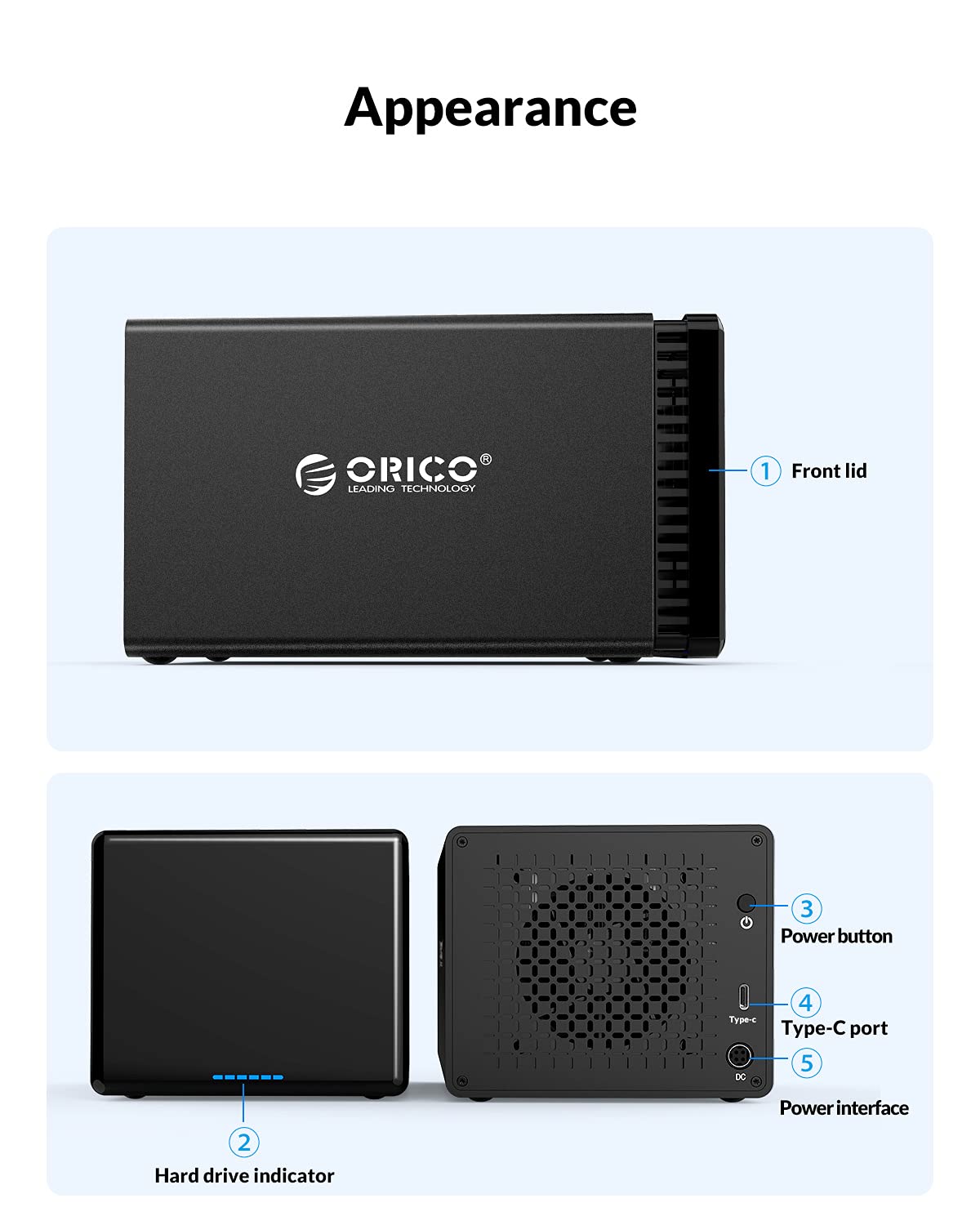 ORICO 5 Bay Raid Hard Drive Enclosure USB C Magnetic Aluminum HDD Enclosure with Fan for 3.5inch All SATA HDD Support 7 RAID Modes, Storage Expansion Up to 80TB for Office and Home- NS500RC3