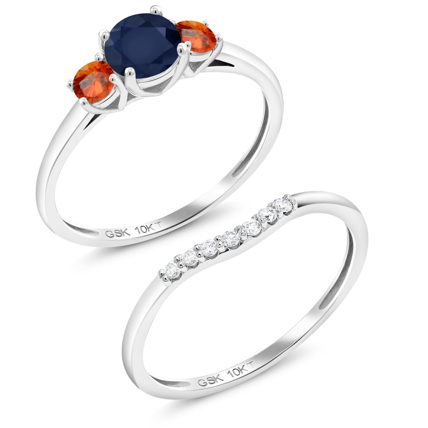 10K White Gold Blue Sapphire and Orange Sapphire and White Lab Grown Diamond 3-Stone Bridal Engagement Wedding Ring Set For Women (0.93 Cttw, Gemstone September Birthstone, Round 5MM, Size 8)