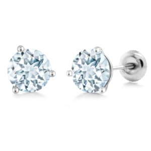 gem stone king 18k white gold sky blue aquamarine martini stud earrings for women (1.50 ct round 6mm)