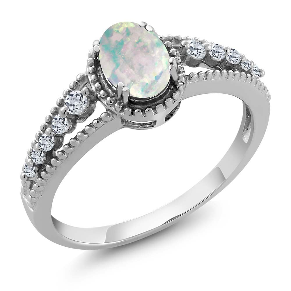 Gem Stone King 925 Sterling Silver White Simulated Opal and White Topaz Engagement Ring For Women (1.21 Cttw, Oval Cabochon 7X5MM, Available 5,6,7,8,9) (Size 7)