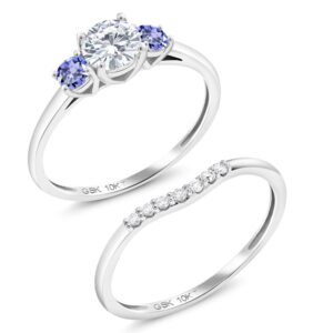 10k white gold forever brilliant moissanite from charles & colvard and blue tanzanite and white lab grown diamond 3-stone bridal engagement wedding ring set for women (0.81 cttw, round 5mm, size 5)