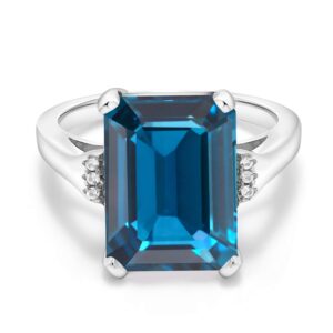 gem stone king 925 sterling silver london blue topaz with accent stone engagement ring for women (9.57 cttw, emerald cut 14x10mm, gemstone birthstone, available in size 5, 6, 7, 8, 9)