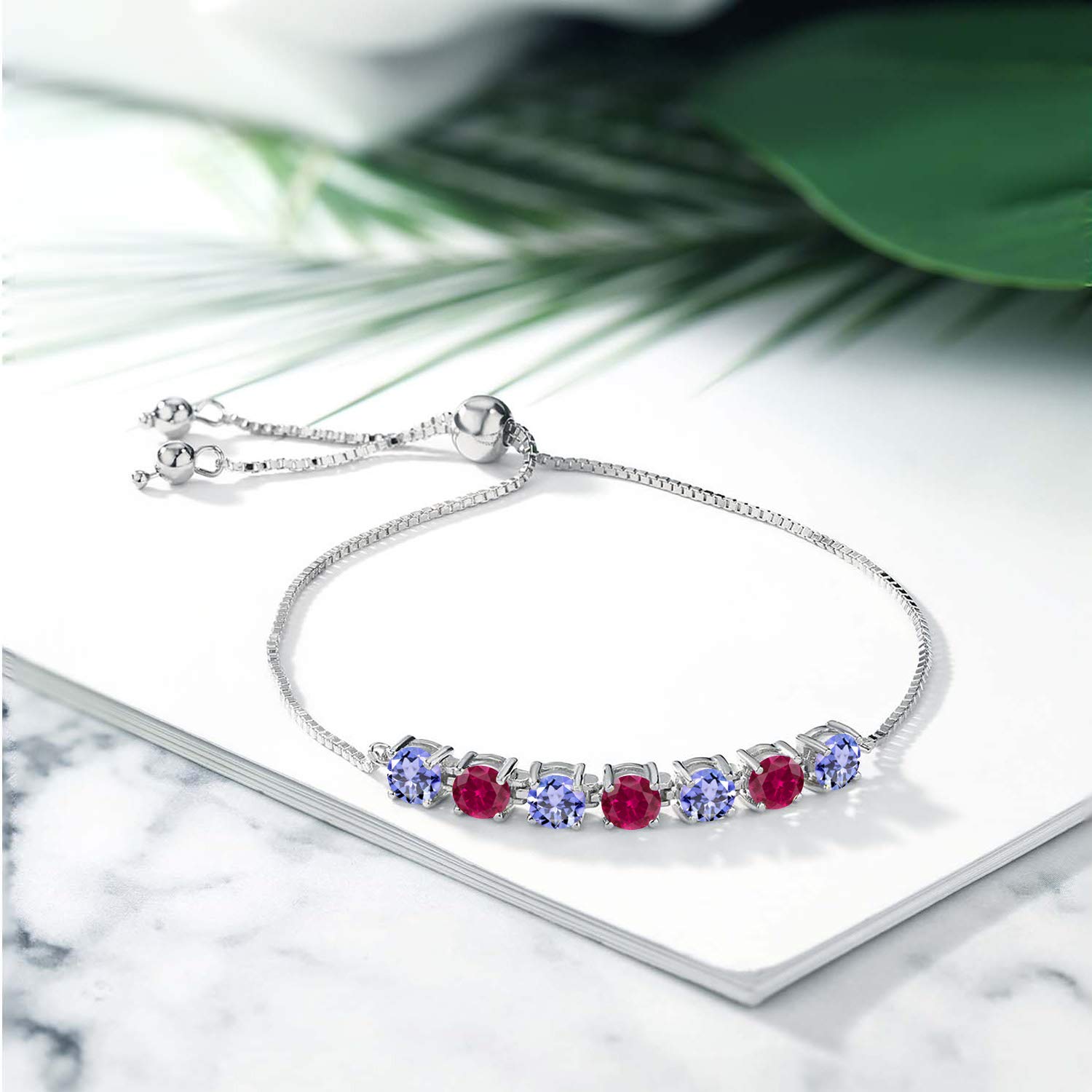 Gem Stone King 925 Sterling Silver Round Blue Tanzanite and Red Created Ruby Tennis Bracelet For Women (2.72 Cttw, Gemstone Birthstone, Fully Adjustable Up to 9 Inch)