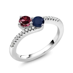 Gem Stone King 925 Sterling Silver Red Rhodolite Garnet and Blue Sapphire Bypass Ring For Women (0.96 Cttw, Gemstone January Birthstone, Round 4MM, Available In Size 5, 6, 7, 8, 9)