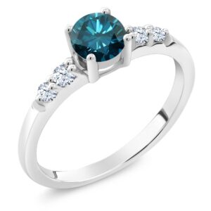 gem stone king 0.72 ct round blue diamond white created sapphire 925 sterling silver engagement ring (size 6)