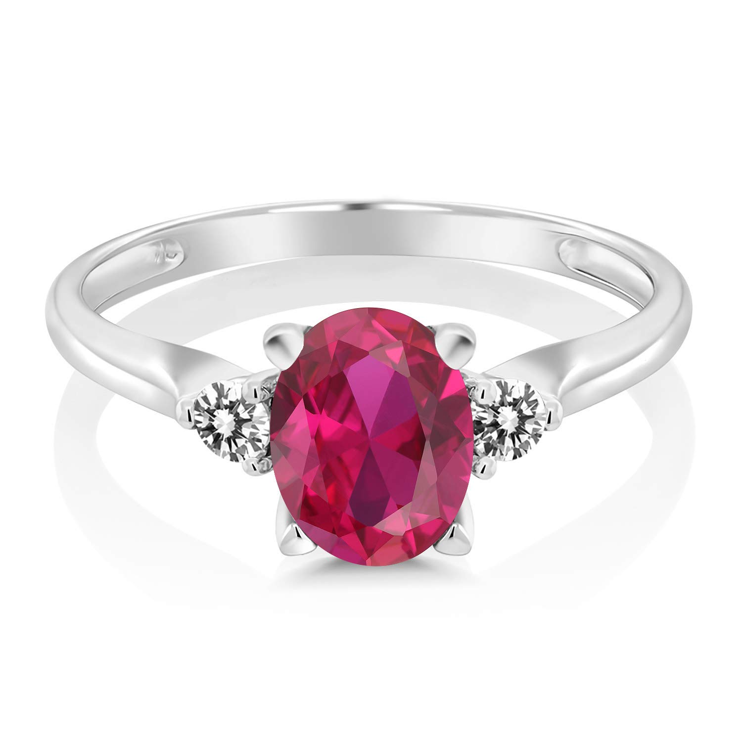 Gem Stone King 10K White Gold Oval Red Created Ruby and White Diamond Engagement Ring For Women (1.63 Cttw, Available In Size 5, 6, 7, 8, 9)