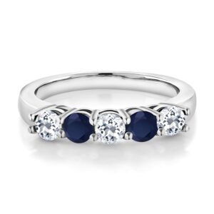 Gem Stone King 925 Sterling Silver White Topaz and Blue Sapphire 5-Stone Wedding Anniversary Band Ring For Women (1.15 Cttw, Gemstone November Birthstone, Available In Size 5, 6, 7, 8, 9)