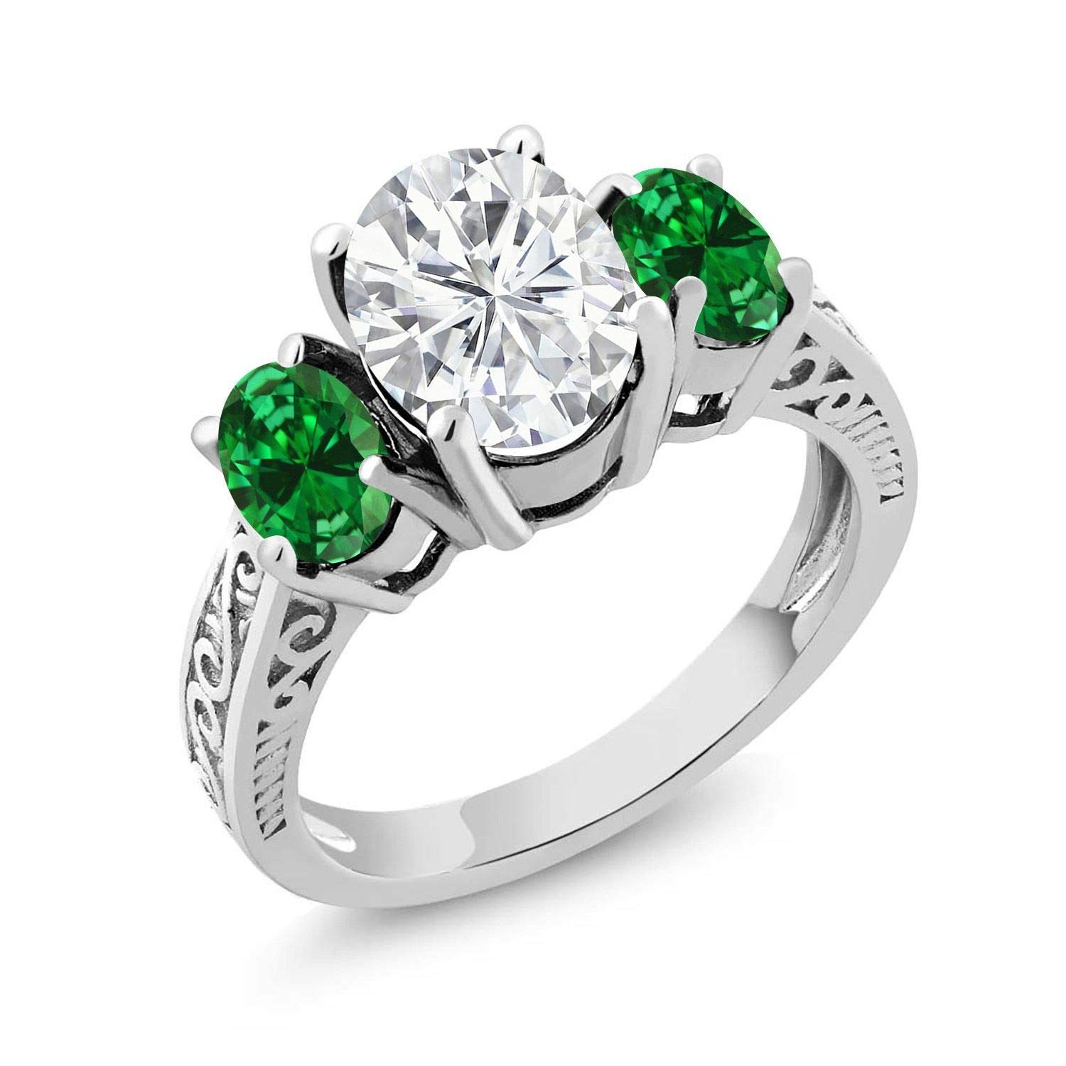 Gem Stone King 2.80 Cttw White Moissanite and Green Created Emerald 3-Stone Engagement Ring In 925 Sterling Silver | 3 Stone Wedding Anniversary Promise Ring For Women (Size 6)