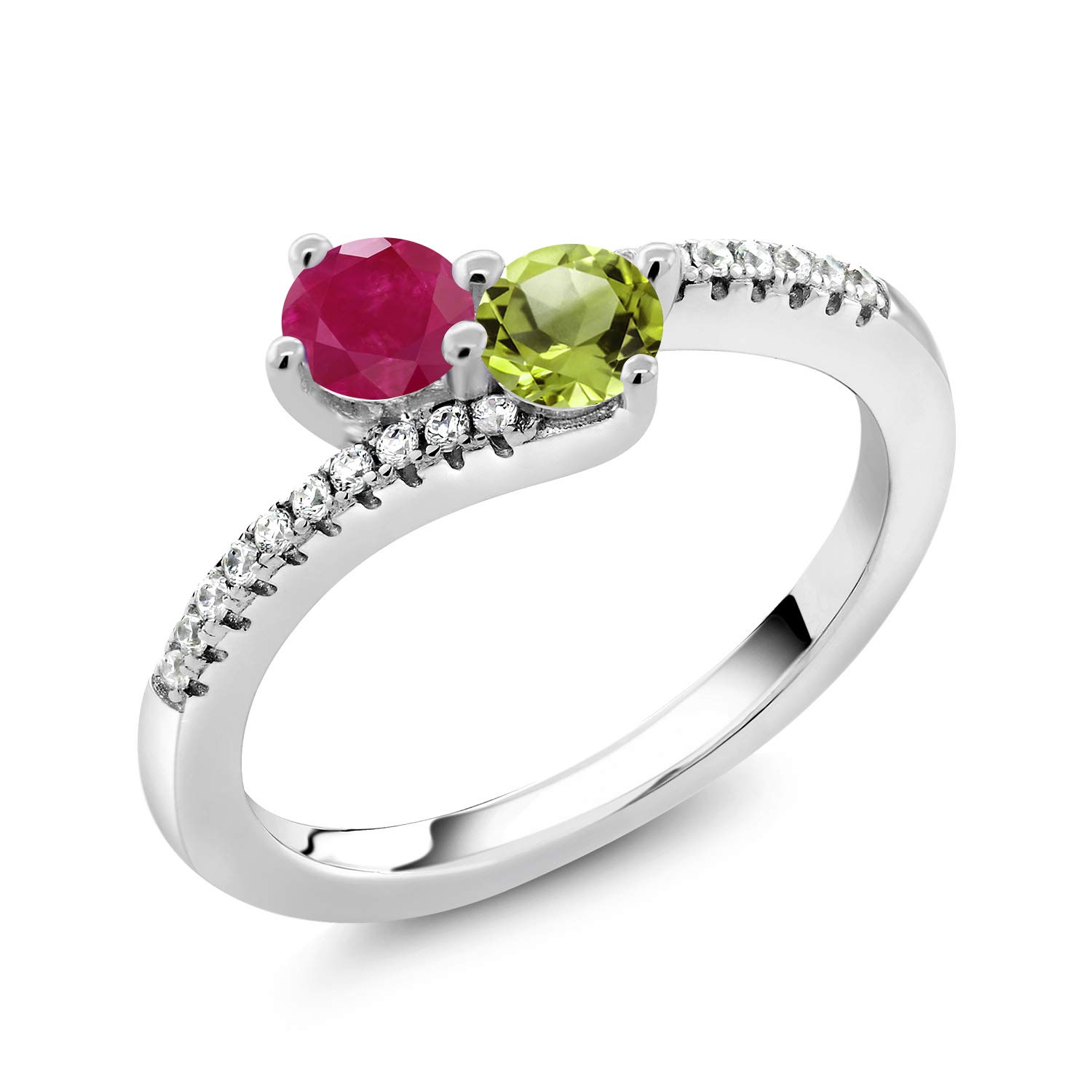 Gem Stone King 925 Sterling Silver Red Ruby and Green Peridot Bypass Ring For Women (0.89 Cttw, Gemstone July Birthstone, Round 4MM, Available In Size 5, 6, 7, 8, 9)