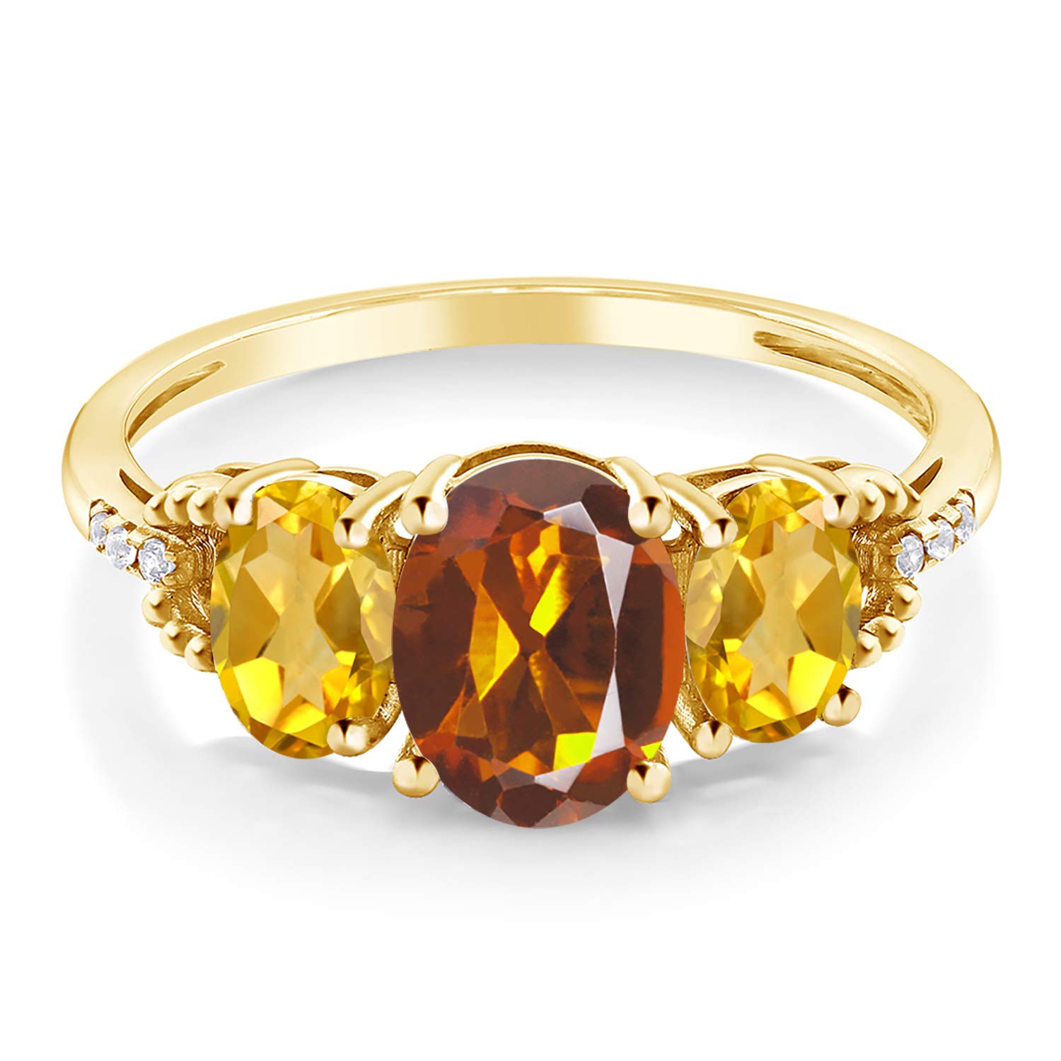 Gem Stone King 10K Yellow Gold Oval Orange Red Madeira Citrine Yellow Citrine and diamond Accent 3-Stone Ring | 2.04 Cttw | 3 Stone Wedding Engagement Anniversary Promise Ring For Women (Size 9)