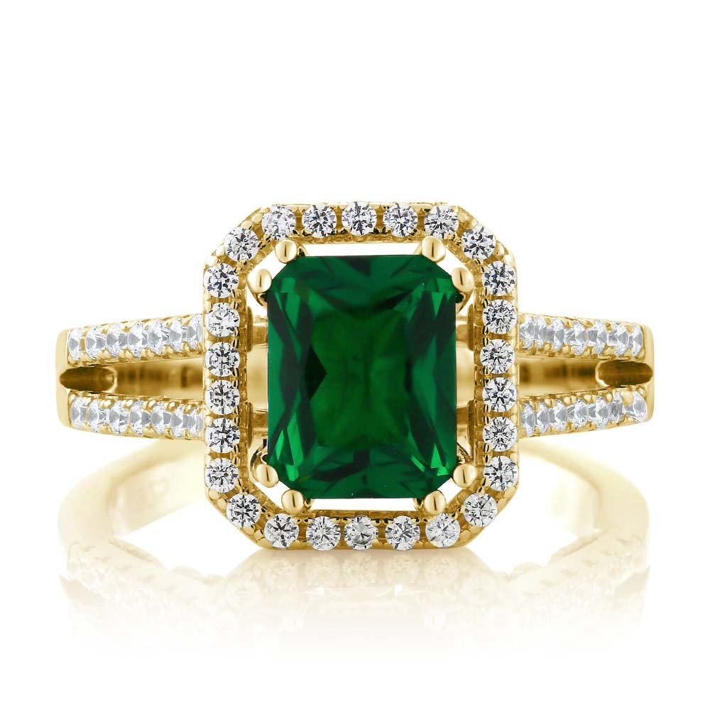 Gem Stone King 18K Yellow Gold Plated Silver Green Simulated Emerald Ring For Women | 2.78 Cttw | Emerald Cut 9X7MM | Available in size 5, 6, 7, 8, 9