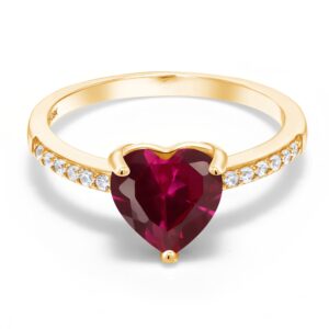 Gem Stone King 18K Yellow Gold Plated Silver Red Created Ruby Ring For Women (1.84 Cttw, Heart Shape 8MM, Gemstone Birthstone, Available In Size 5, 6, 7, 8, 9)