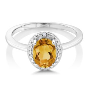 Gem Stone King 925 Sterling Silver Yellow Citrine & White Diamond Engagement Ring For Women | 1.31 Cttw | Oval 8X6MM | Gemstone Birthstone | Size 5,6,7,8,9