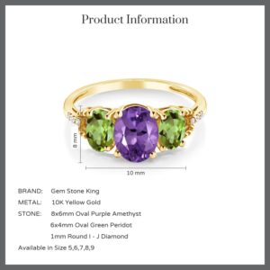 Gem Stone King 10K Yellow Gold Purple Amethyst and Green Peridot Engagement Ring For Women (2.19 Ct Oval Gemstone Birthstone) (Size 8)