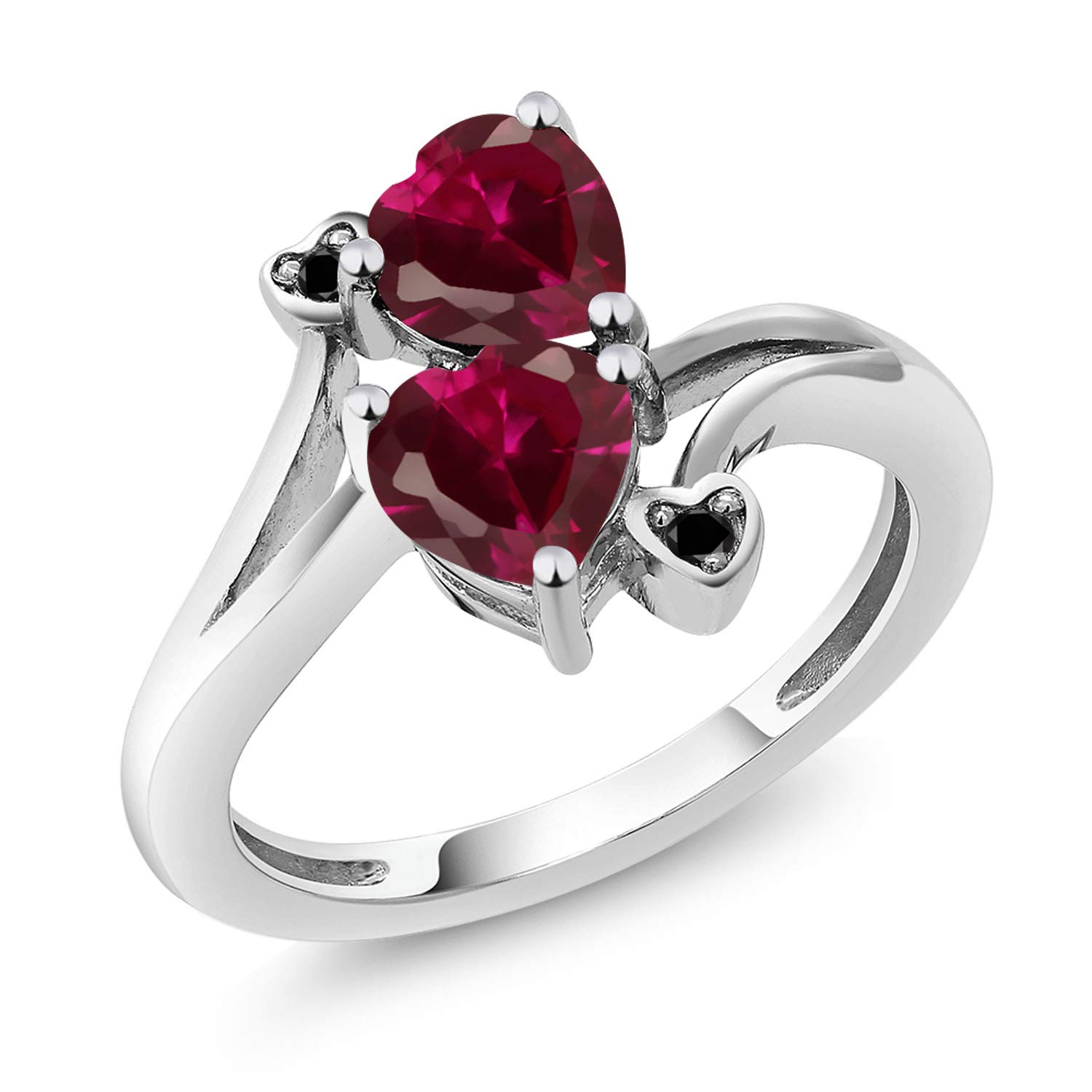 Gem Stone King 10K White Gold Red Created Ruby and Black Diamond Ring For Women (1.96 Cttw, Heart Shape 6MM, Gemstone Birthstone, Available In Size 5, 6, 7, 8, 9)