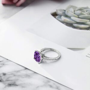 Gem Stone King 925 Sterling Silver Cushion Purple Amethyst and White Created Sapphire Engagement Ring For Women (3.27 Cttw, Available in size 5, 6, 7, 8, 9)