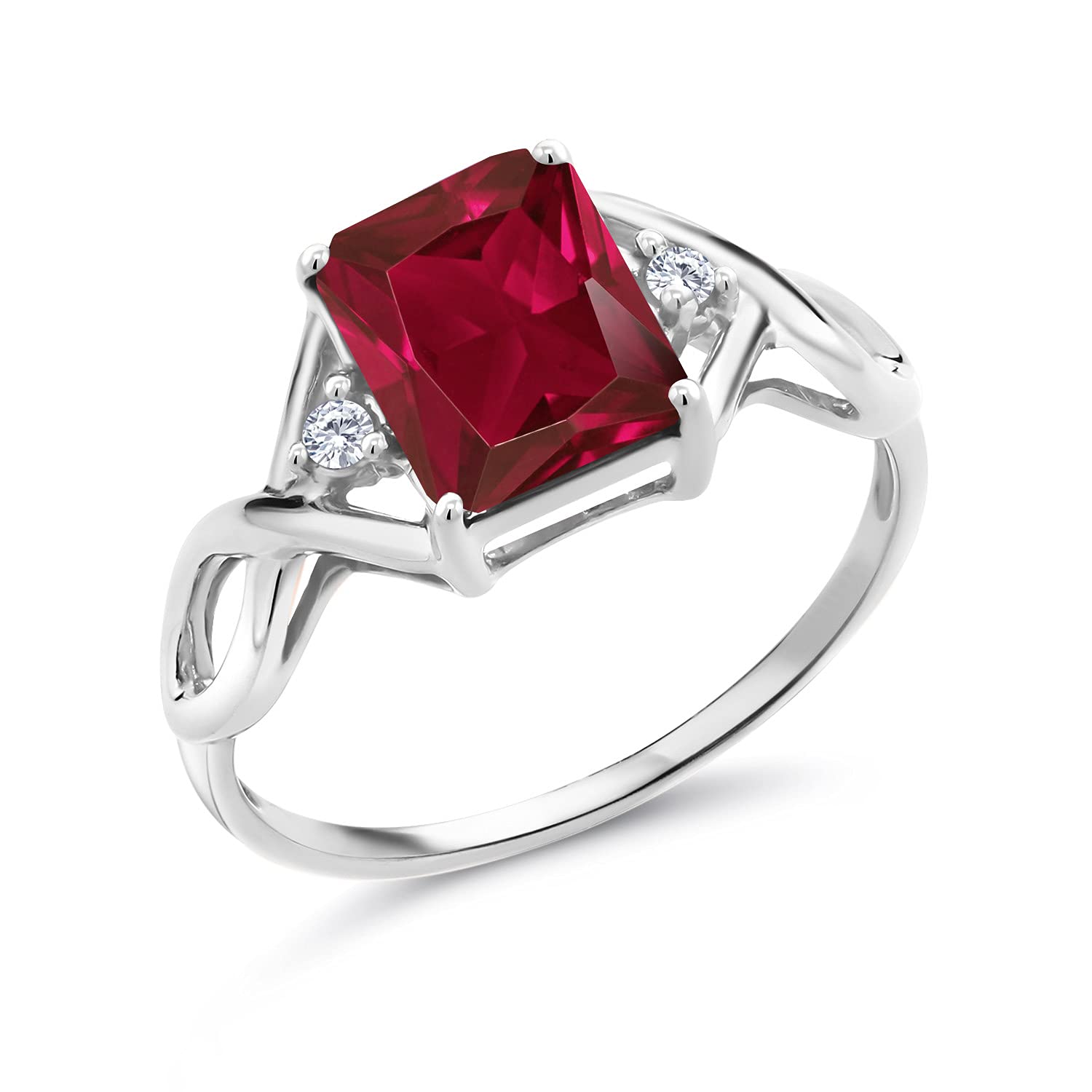 Gem Stone King 925 Sterling Silver Red Created Ruby and White Lab Grown Diamond Ring For Women (2.88 Cttw, Available in size 5, 6, 7, 8, 9)