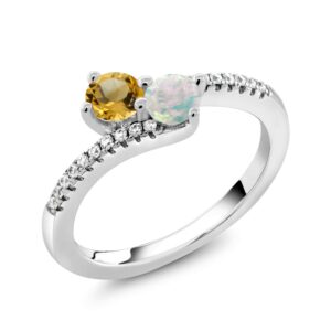 Gem Stone King 925 Sterling Silver Yellow Citrine and White Opal Bypass Ring For Women (0.75 Cttw, Gemstone November Birthstone, Round 4MM, Available In Size 5, 6, 7, 8, 9)