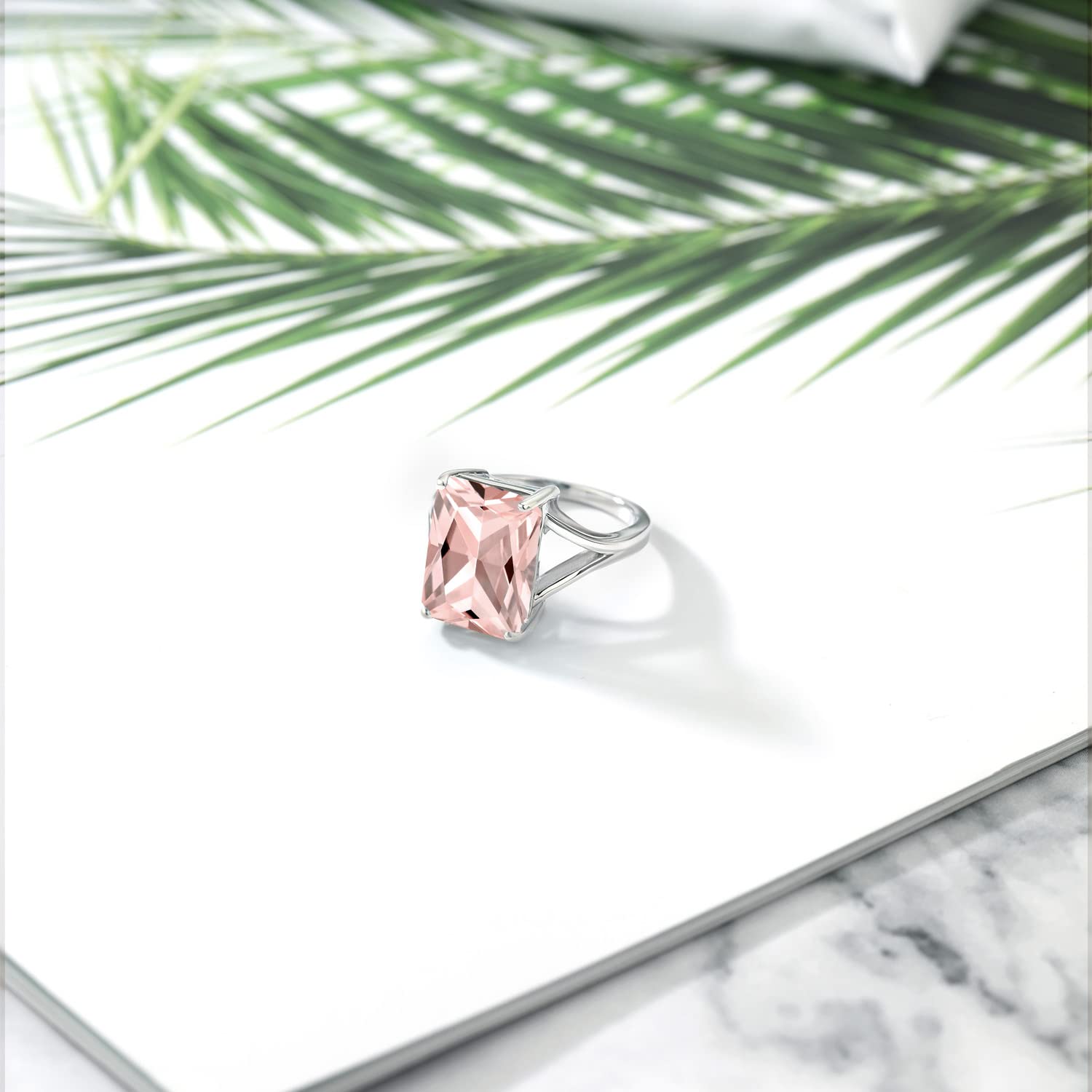 Gem Stone King 6.30 Cttw Peach Nano Morganite Engagement Ring For Women In 925 Sterling Silver | Emerald Cut 14X10MM | Wedding Anniversary Promise Ring For Women | Size 5,6,7,8,9