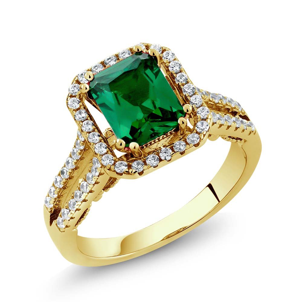 Gem Stone King 18K Yellow Gold Plated Silver Green Simulated Emerald Ring For Women | 2.78 Cttw | Emerald Cut 9X7MM | Available in size 5, 6, 7, 8, 9